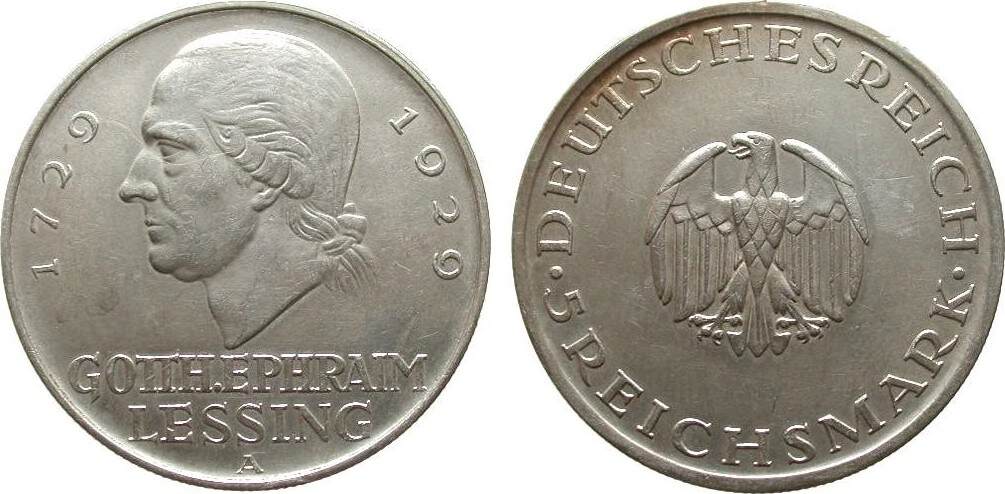 Weimarer Republik 5 Mark Lessing 1929 A wz. Randfehler, vorzüglich | MA ...