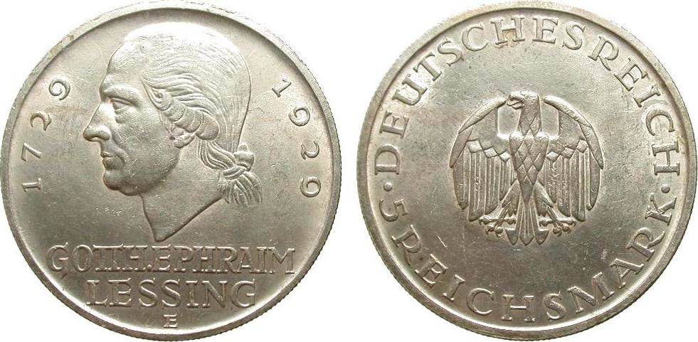 Weimarer Republik 5 Mark Lessing 1929 E fast vorzüglich / vorzüglich ...