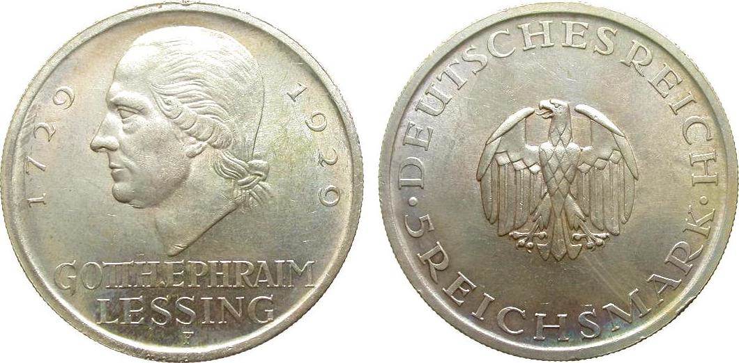 Weimarer Republik 5 Mark Lessing 1929 F wz. Randfehler, vorzüglich ...