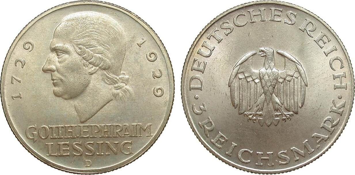 Weimarer Republik 3 Mark Lessing 1929 D vorzüglich - Stempelglanz | MA ...