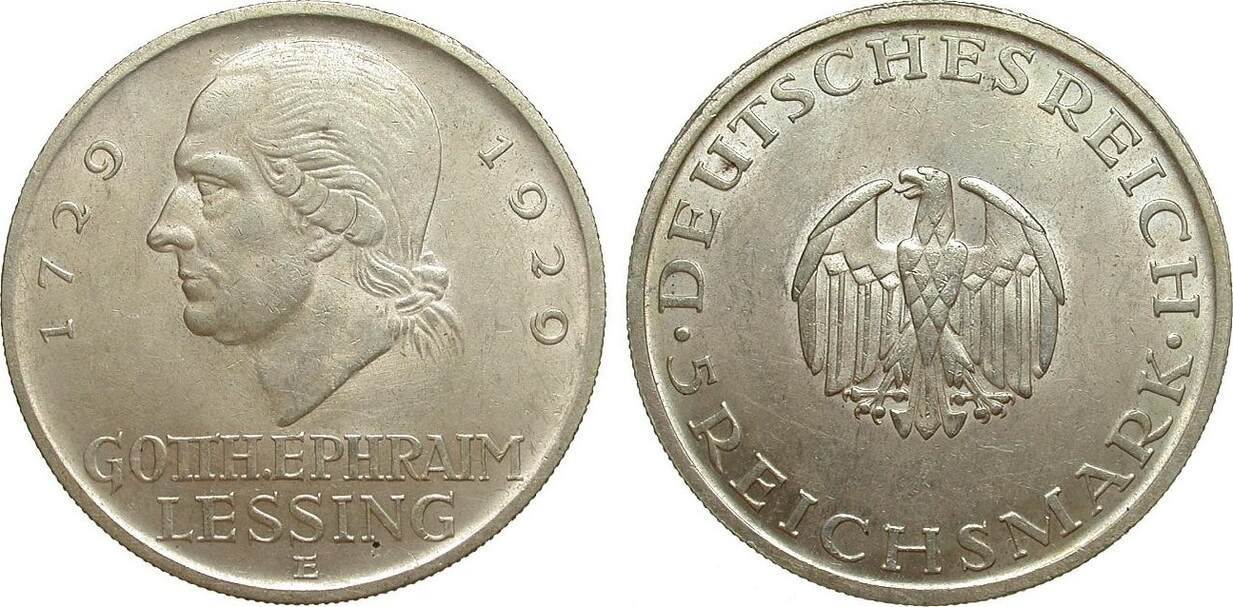 Weimarer Republik 5 Mark Lessing 1929 E fast vorzüglich / vorzüglich ...