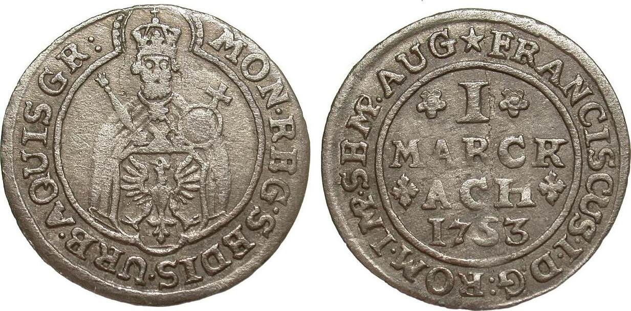 Altdeutschland bis 1871 Aachen 1 Mark / Marck 1753 sehr schön | MA-Shops