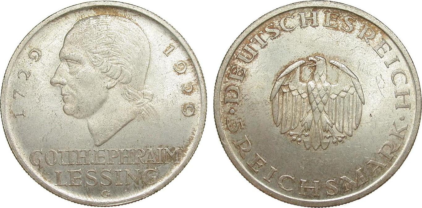 Weimarer Republik 5 Mark Lessing 1929 G gutes vorzüglich | MA-Shops