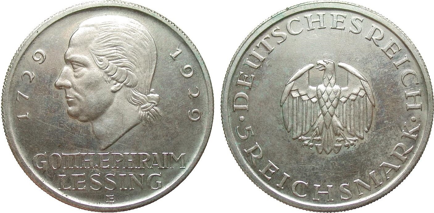 Weimarer Republik 5 Mark Lessing 1929 E feine Kratzer, vorzüglich ...