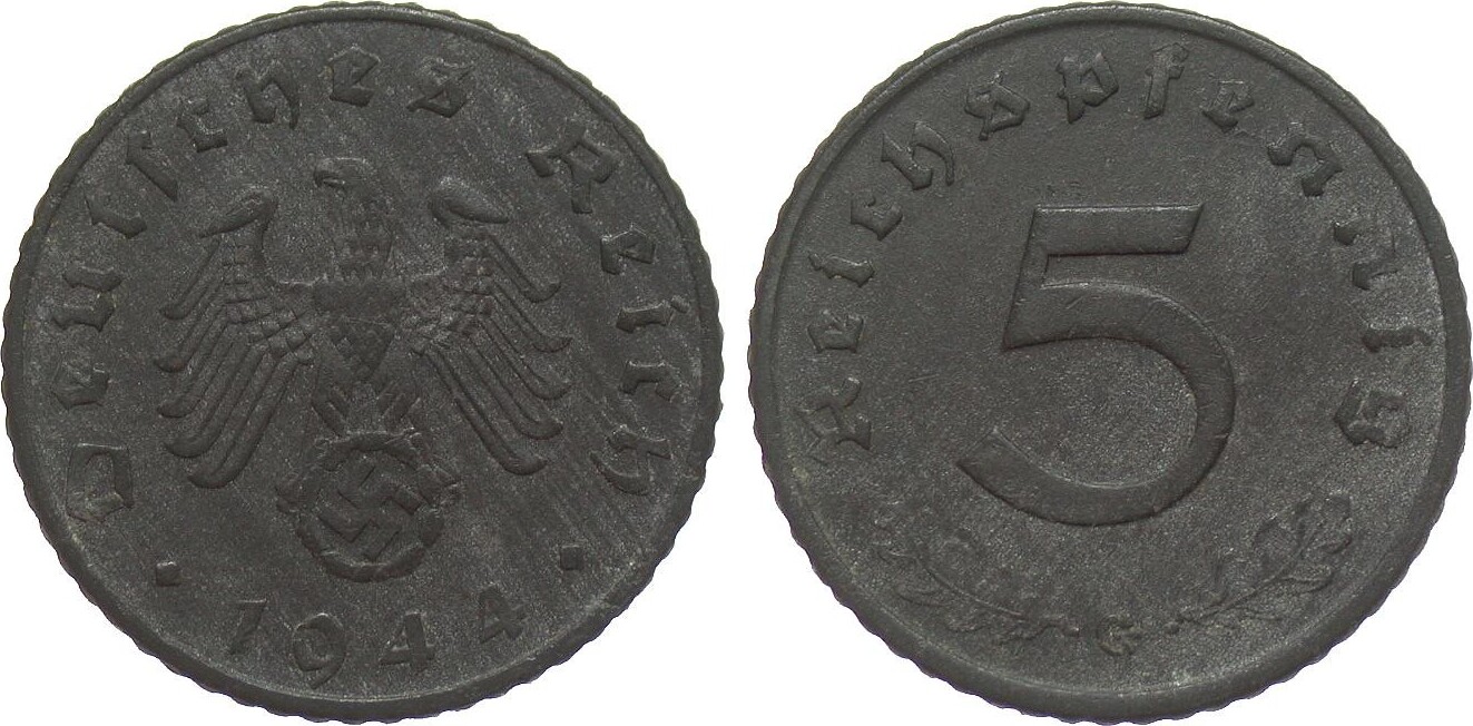 Drittes Reich 5 Pfennig 1944 G min. korrodiert, fast vz / vz | MA-Shops