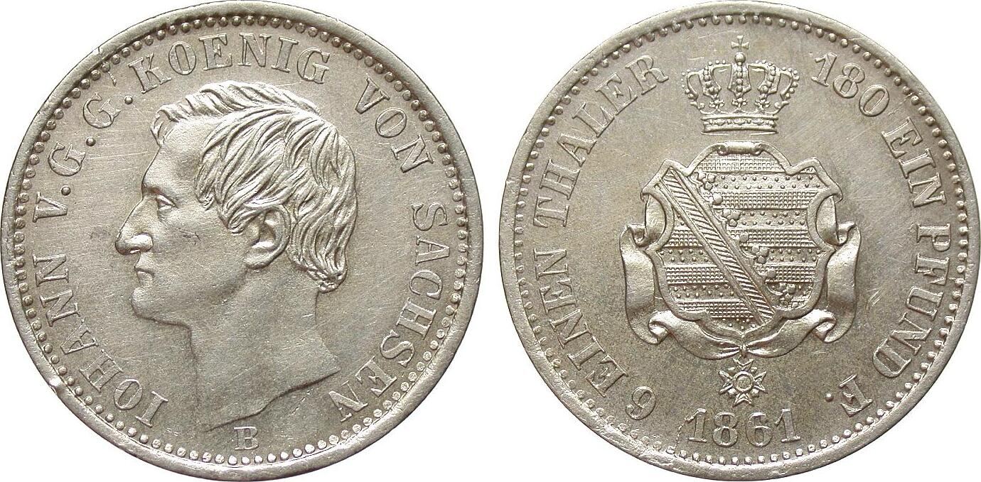 Altdeutschland bis 1871 1/6 Taler Sachsen 1861 B wz. Randfehler, leicht ...