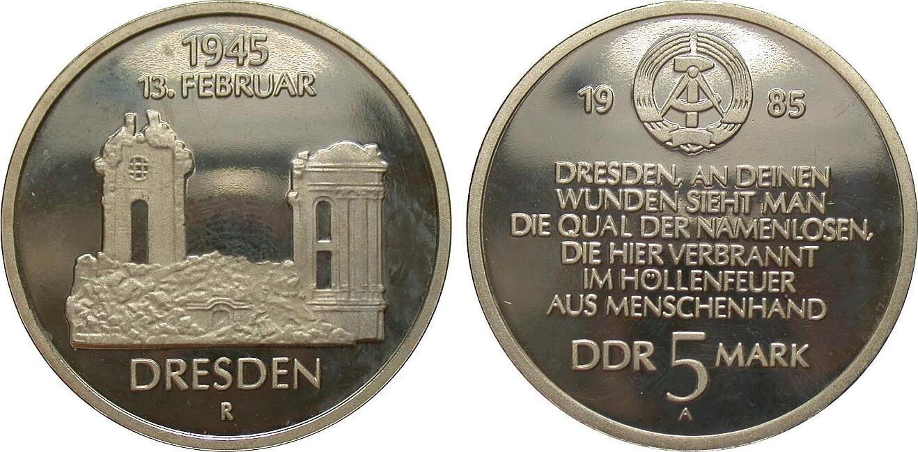 DDR 5 Mark DDR 40. Jahrestag Zerstörung Dresdens 1985 A leicht berührt ...