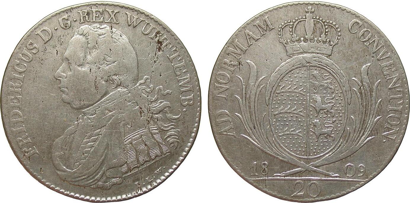 Altdeutschland bis 1871 20 Kreuzer Württemberg 1809 knapp sehr schön ...