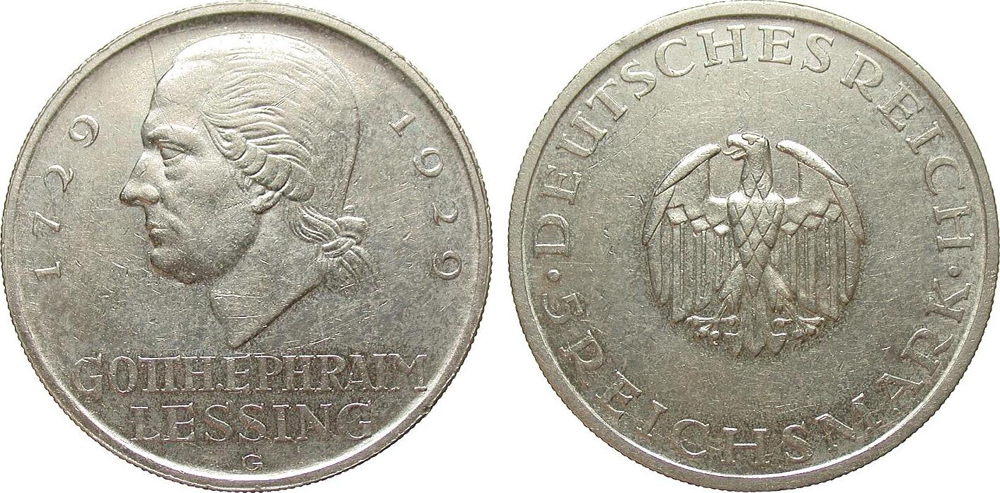 Weimarer Republik 5 Mark Lessing 1929 G kl. Kratzer u. Rf., sehr schön ...