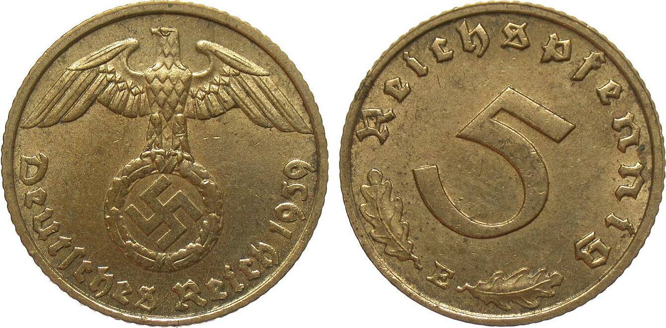 Drittes Reich 5 Pfennig 1939 E ca. 30° Stempeldrehung, vz | MA-Shops