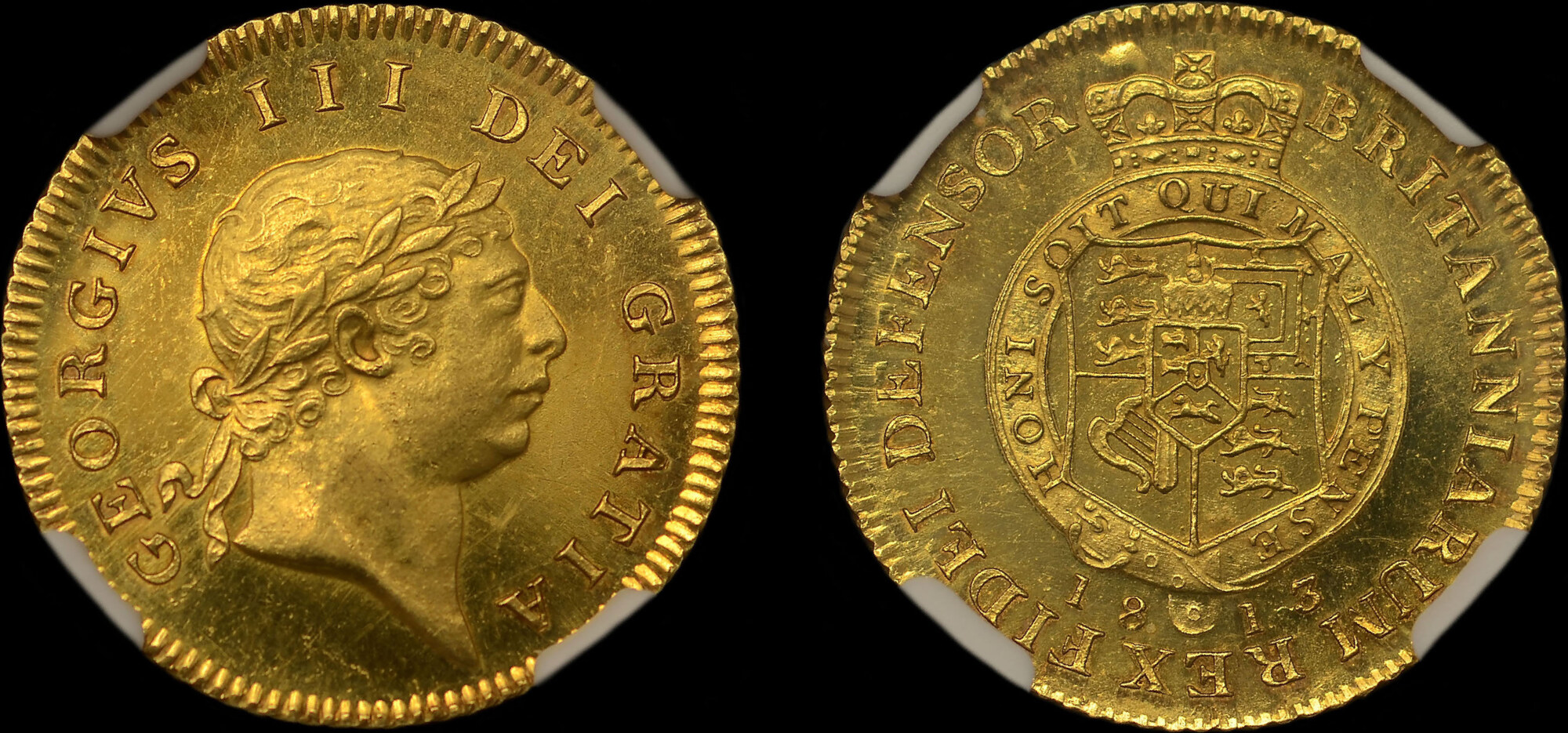 GREAT BRITAIN GEORGE III, 1813 GOLD PROOF HALF GUINEA, PF 63 FINAL YEAR ...