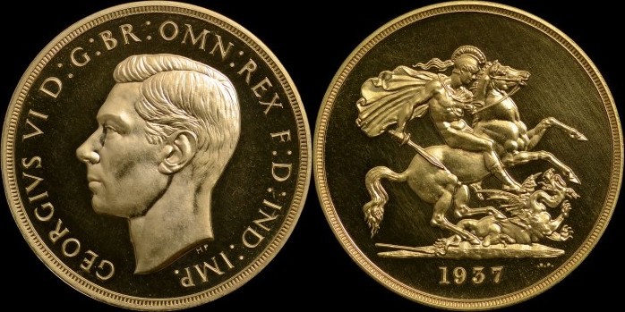 GREAT BRITAIN GEORGE VI 1937 GOLD PROOF FIVE POUNDS, PR 64 CAMEO | MA-Shops