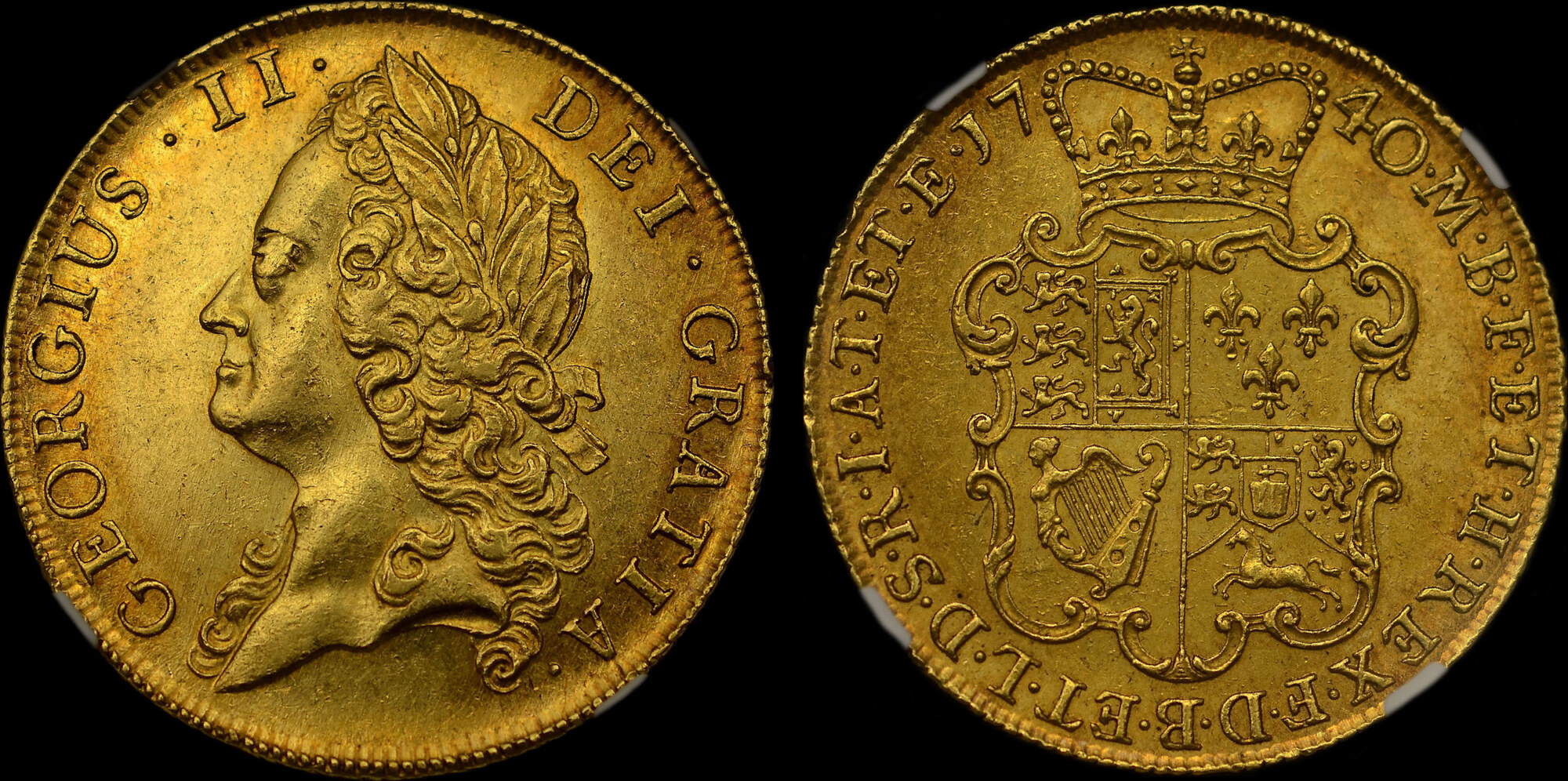GREAT BRITAIN GEORGE II 1740 GOLD TWO GUINEAS, 40 STRUCK OVER 39 AU58 ...