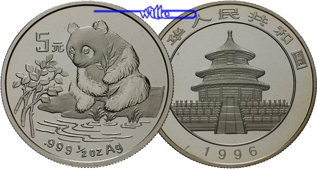 China 5 Yuan 1996 Panda Bären, 1/2 oz, Silber stgl | MA-Shops