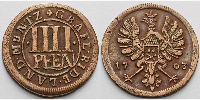 Rietberg, Grafschaft, seit 1764 Fürstentum 4 Pfennig 1703 Maximilian ...