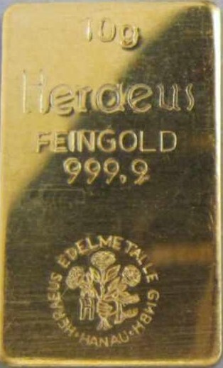 Deutschland - Hanau 10 Gramm fein -gestanzt- Goldbarren Heraeus ...