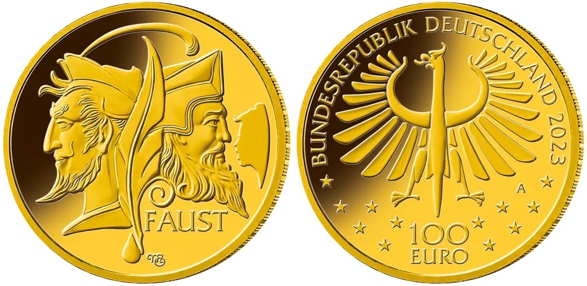 Deutschland 100 Euro 15,55g fein 28 mm Ø 2023 100-Euro-Goldmünze "Faust" Prägestätte nach ...