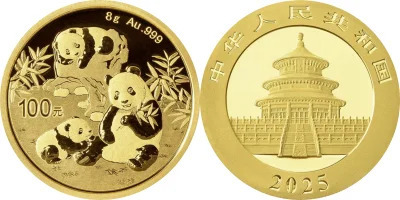 China 100 Yuan,8,00g fein22 mm Ø 2025 Panda-Bären, 8 Gramm fein, 999 ...