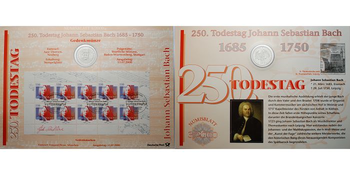 Deutschland 2000 250. Todestag Johann Sebastian Bach Numisblatt | MA-Shops