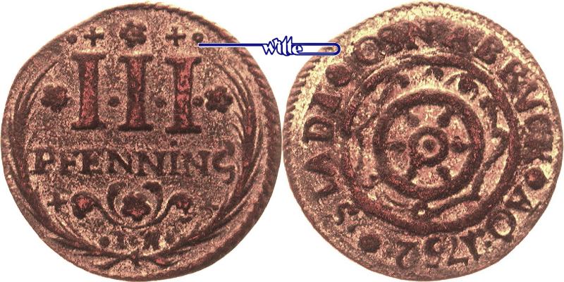 Osnabrück III Pfennig 1752 Stadt, Kupfer gutes sehr schön, feine Patina ...