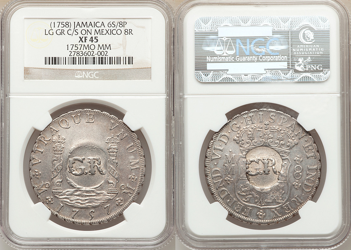 1758 British Jamaica 6 Shillings 8 Pence on 1757 Mexico 8 Reales NGC ...