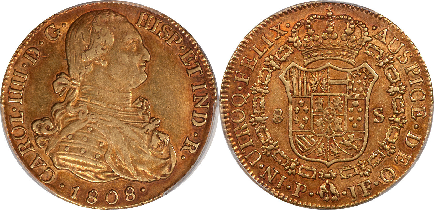 Colombia 1808-JF Charles IV Gold 8 Escudos PCGS AU Details | MA-Shops