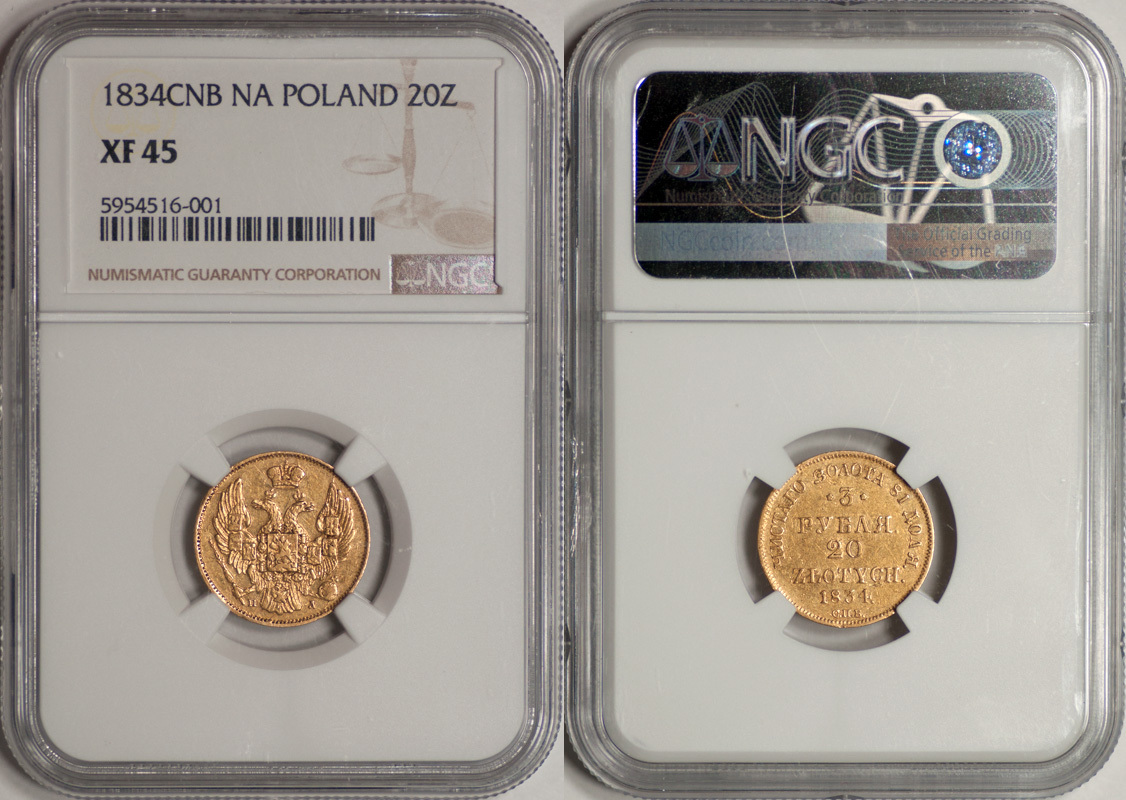 Poland / Russia 20 Zlotych / 3 Roubles Poland 1834-CNB NA Nicholas I of Russia 20 Zlotych (3 ...