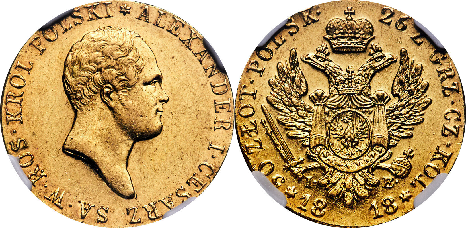 Poland / Russia Poland 1818-IB Alexander I of Russia gold 50 Zlotych NGC AU-55 | MA-Shops
