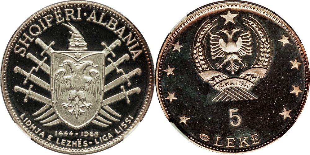 Albania 1968 Silver Proof 5 Leke Victory over the Turks NGC PF-66 ULTRA ...