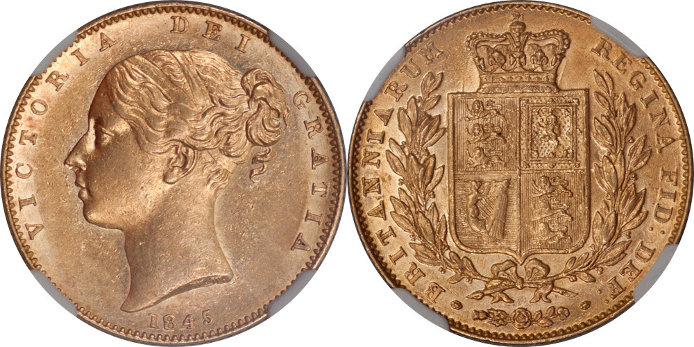 Great Britain 1845 ( Roman I ) Victoria gold Sovereign NGC AU-58 RRR ...