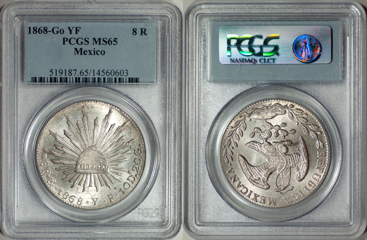 Mexico 1868-G0 YF 8 Reales PCGS MS-65 | MA-Shops
