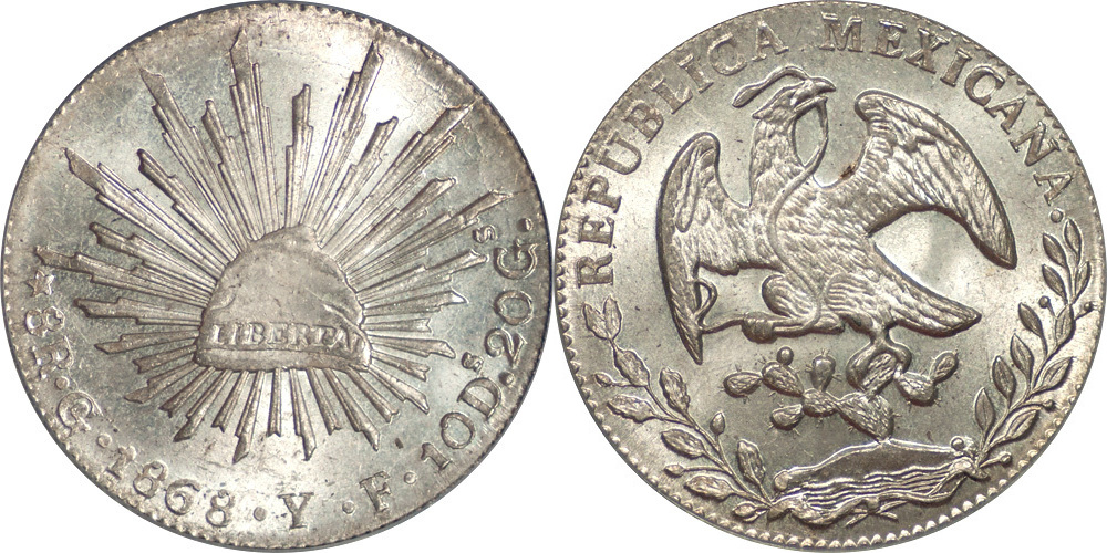 Mexico 1868-G0 YF 8 Reales PCGS MS-65 | MA-Shops