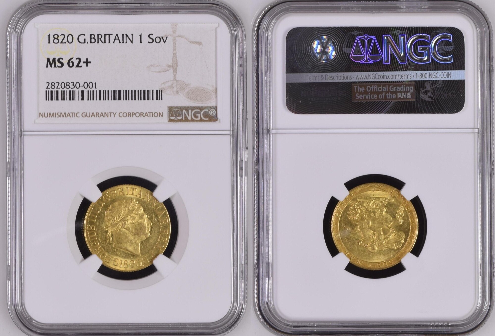 G.BRITAIN 1SOV 1820 George III Gold Sovereign NGC MS 62+ | MA-Shops