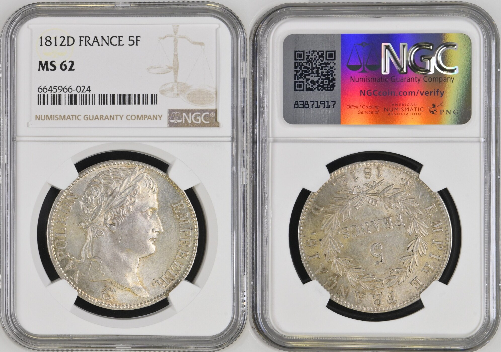 FRANCE 5 Francs 1812D Napoleon I Bonapart 5 FR Lyon Mint NGC MS 62 | MA-Shops