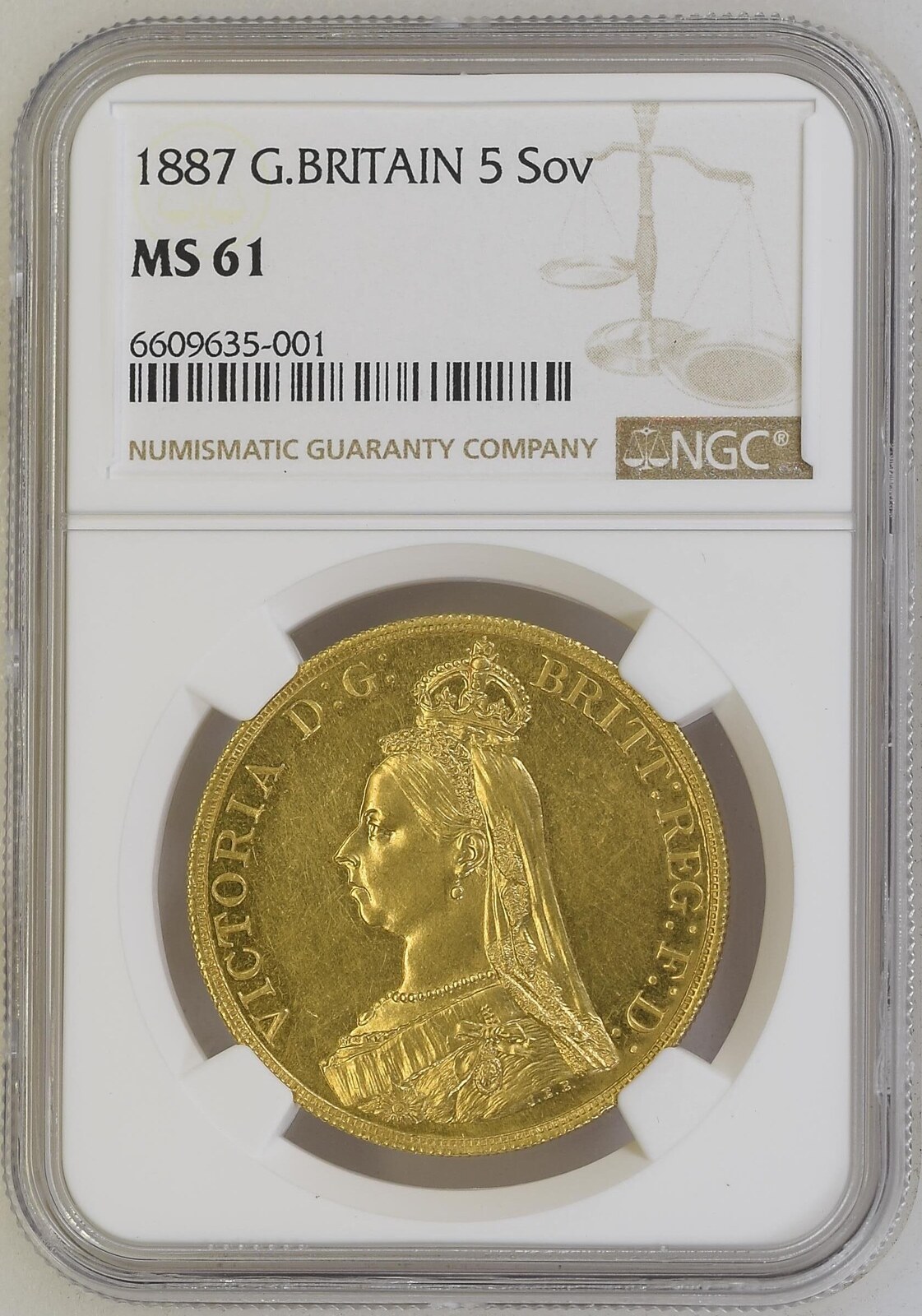 G.BRITAIN 5SOV Victoria GOLD 5 Pounds 1887 NGC MS 61 | MA-Shops