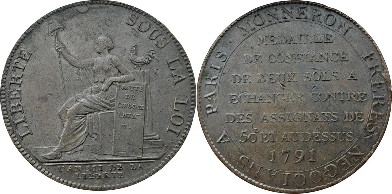 France 2 sols emergency money 1791 Monneron + video Vzgl-stpglz- | MA-Shops
