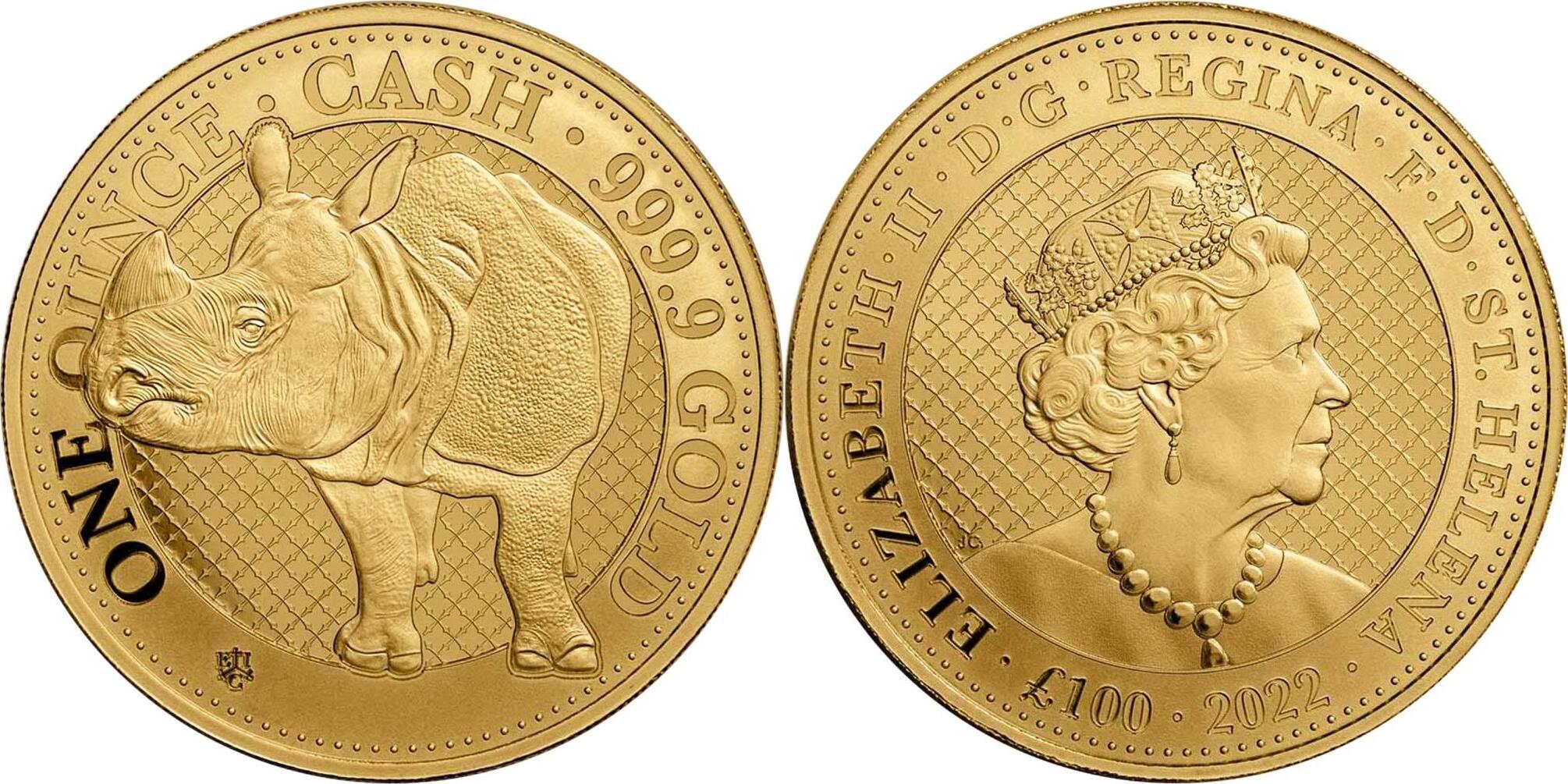 St. Helena 100£ 2022 1 oz Goldmünze India Wildlife - Nashorn ST | MA-Shops