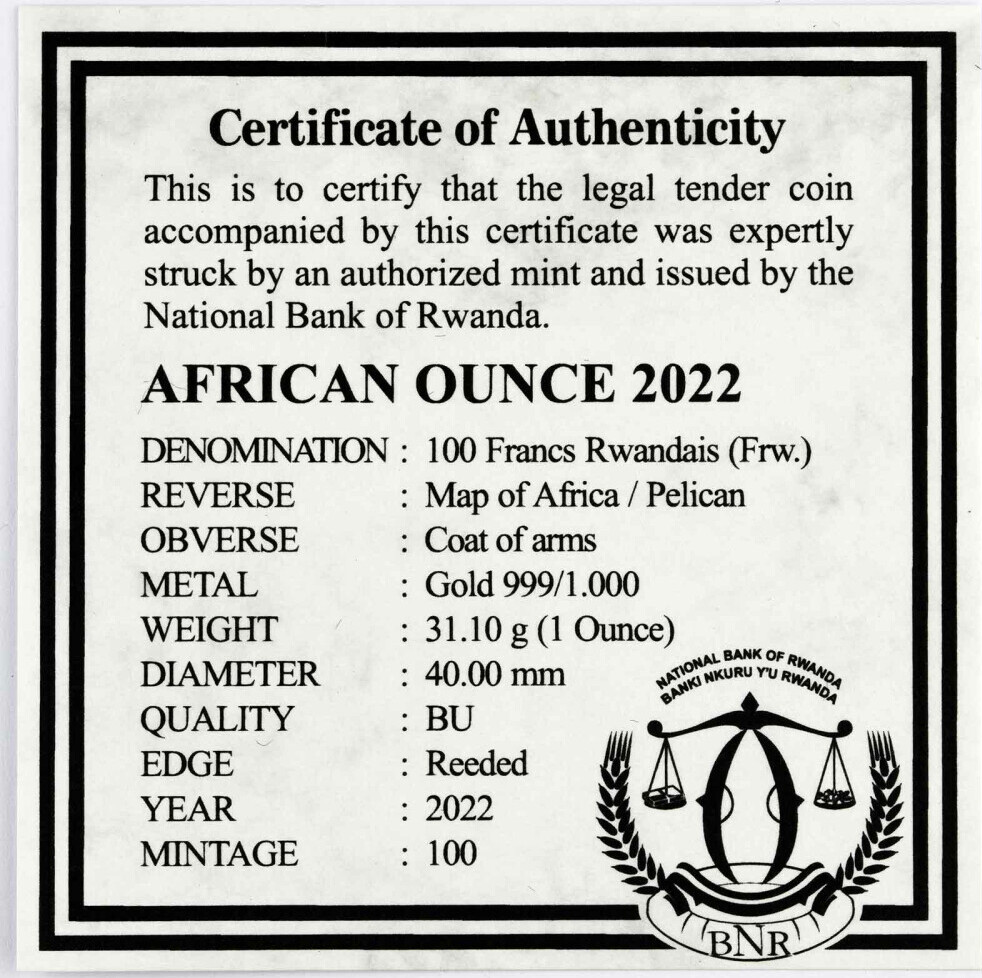 Ruanda 100 RWF 2022 1 oz Goldmünze Pelikan ST | MA-Shops
