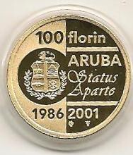Aruba 2001 100 Florin 15 jaar status aparte Goud Incl dsje & cer | MA-Shops