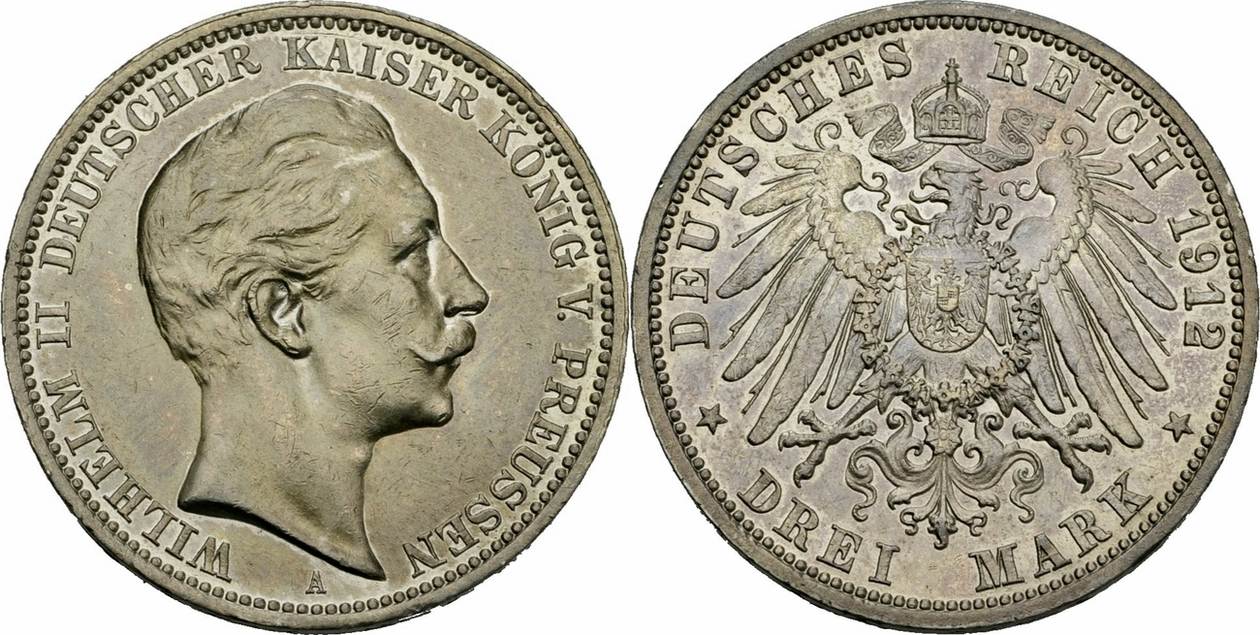Preussen Wilhelm II. 3 Mark 1912 A Berlin Deutsches Reich Jaeger 103 ...