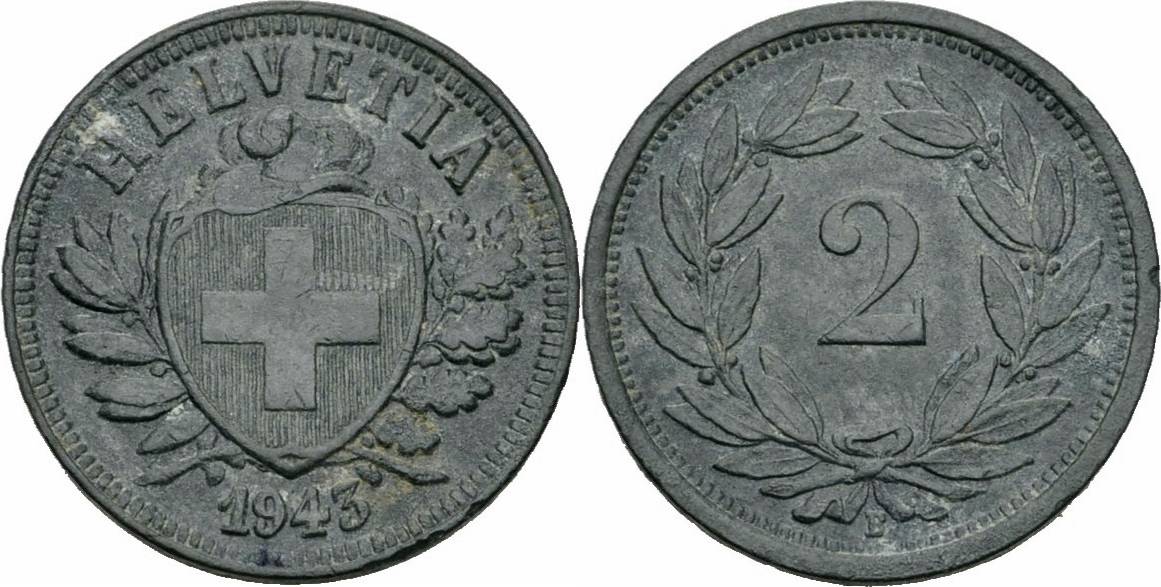 Schweiz 2 Rappen 1943 Zink B Bern HELVETIA Suisse Switzerland KM # 4.2b Sehr schön | MA-Shops