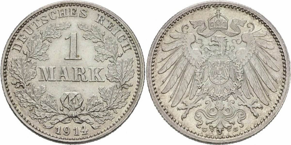Deutsches Reich Kaiserreich 1 Mark 1914 G Karlsruhe Großer Adler AKS 2 ...