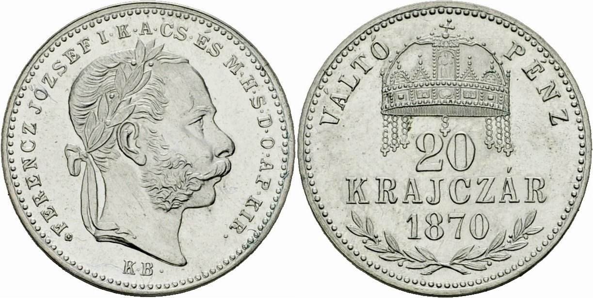 1870 NP Österreich-Ungarn Franz Joseph I 20 Krajczar 1870 K.B. NP Kremnitz Huszar 2154 b ...