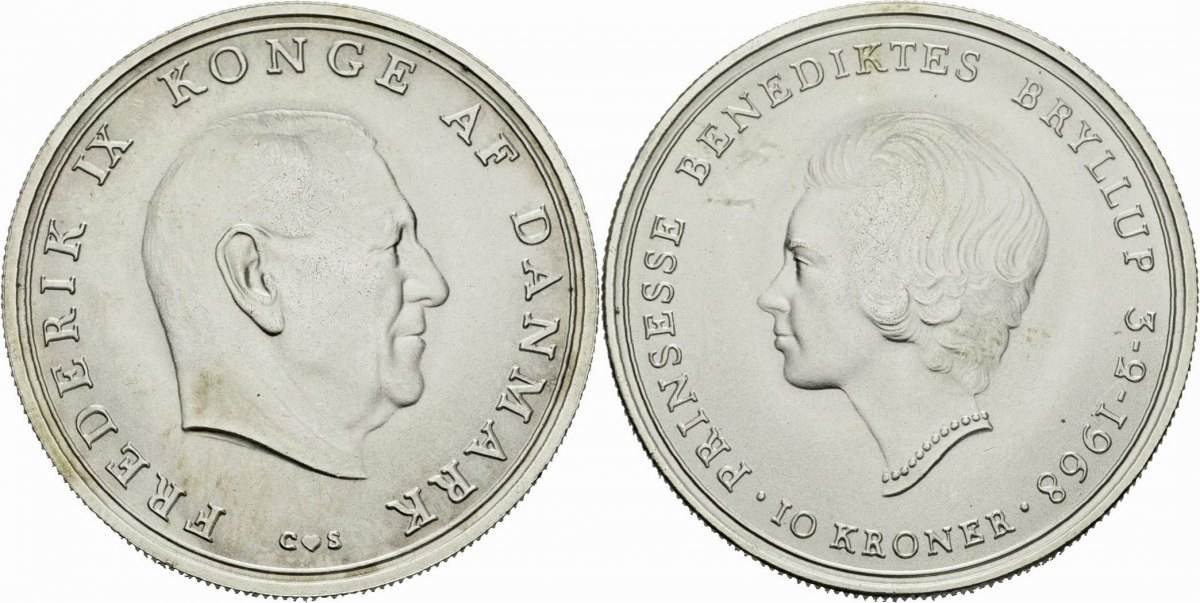 Dänemark Frederik IX 10 Kronen 1968 Kroner Hochzeit Prinzessin Benedikte KM 857 Vorzüglich | MA ...